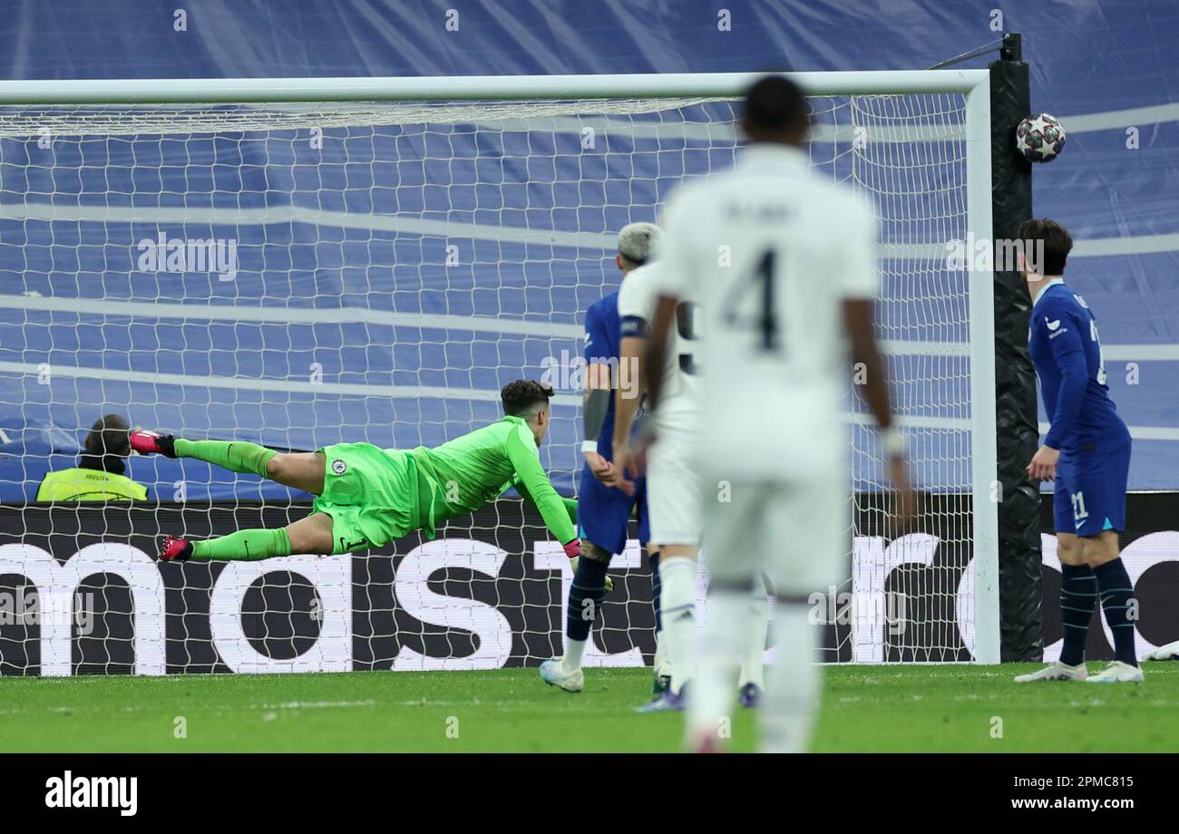 Chelsea goalkeeper Kepa Arrizabalaga makes a save during the UEFA ...
