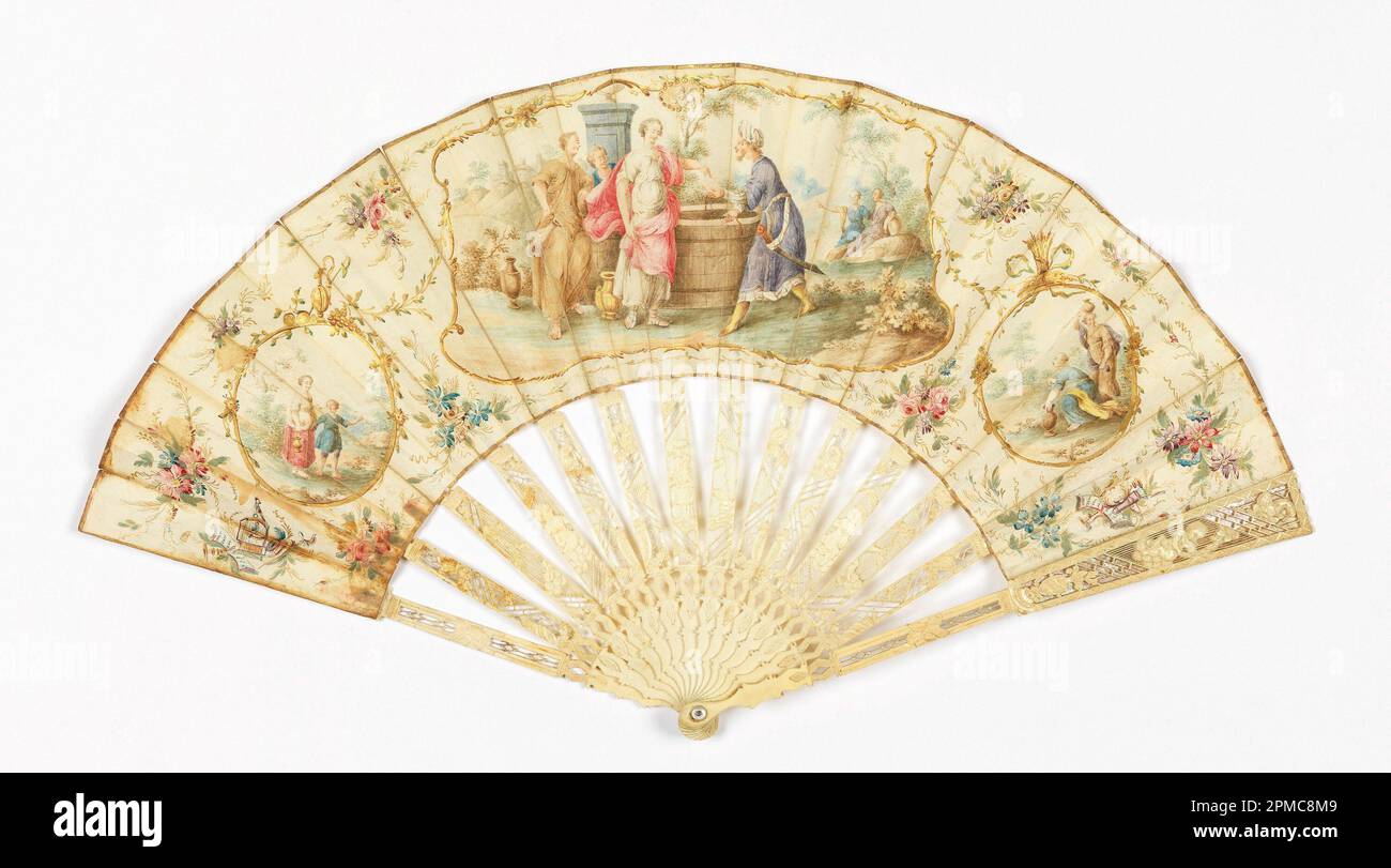 Pleated Fan (France); parchment leaf painted with watercolors, carved ...