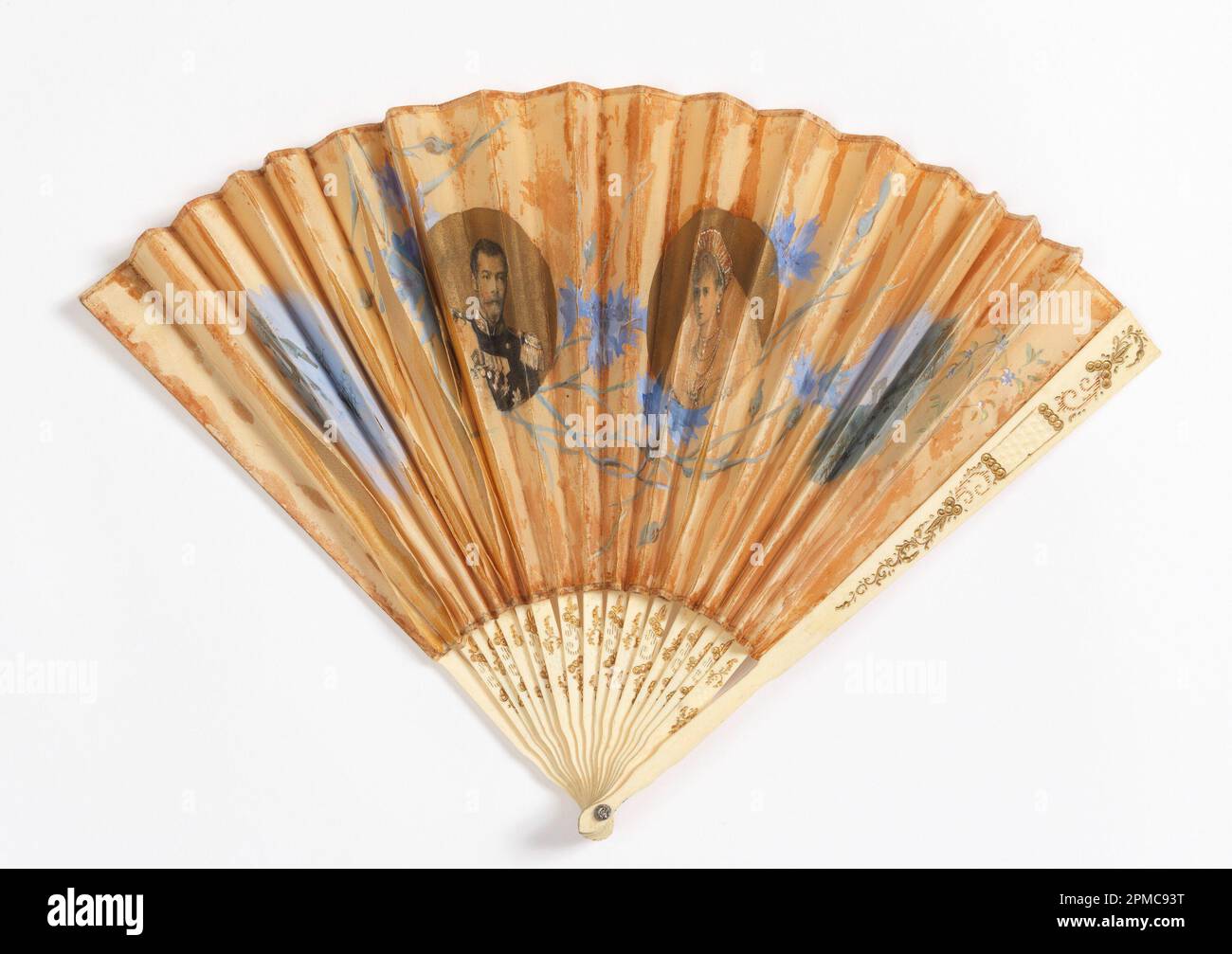 Pleated Fan And Case; silk leaf painted with watercolor, pierced ...
