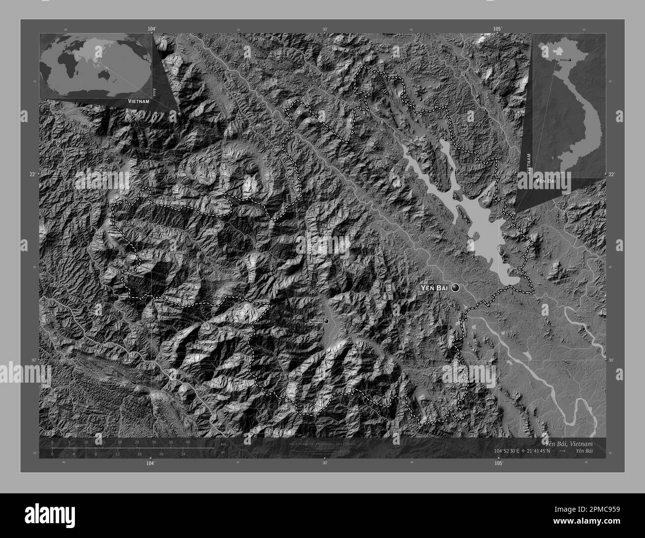 Yen Bai, province of Vietnam. Bilevel elevation map with lakes and ...