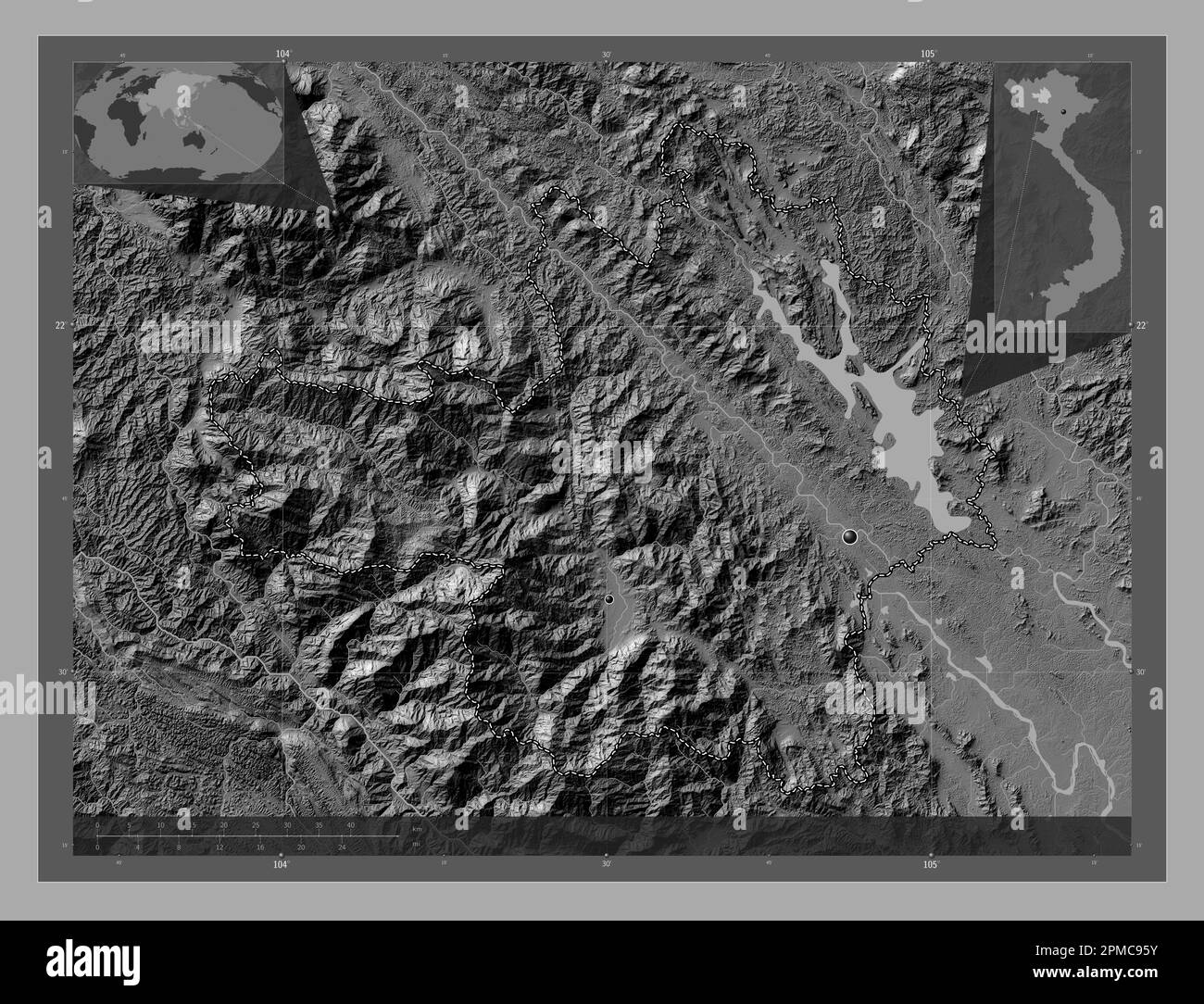 Yen Bai, province of Vietnam. Bilevel elevation map with lakes and ...