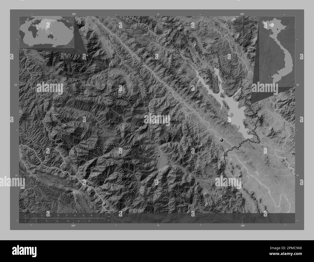 Yen Bai, province of Vietnam. Grayscale elevation map with lakes and ...