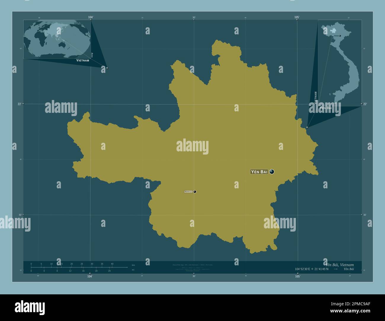 Yen Bai, province of Vietnam. Solid color shape. Locations and names of ...