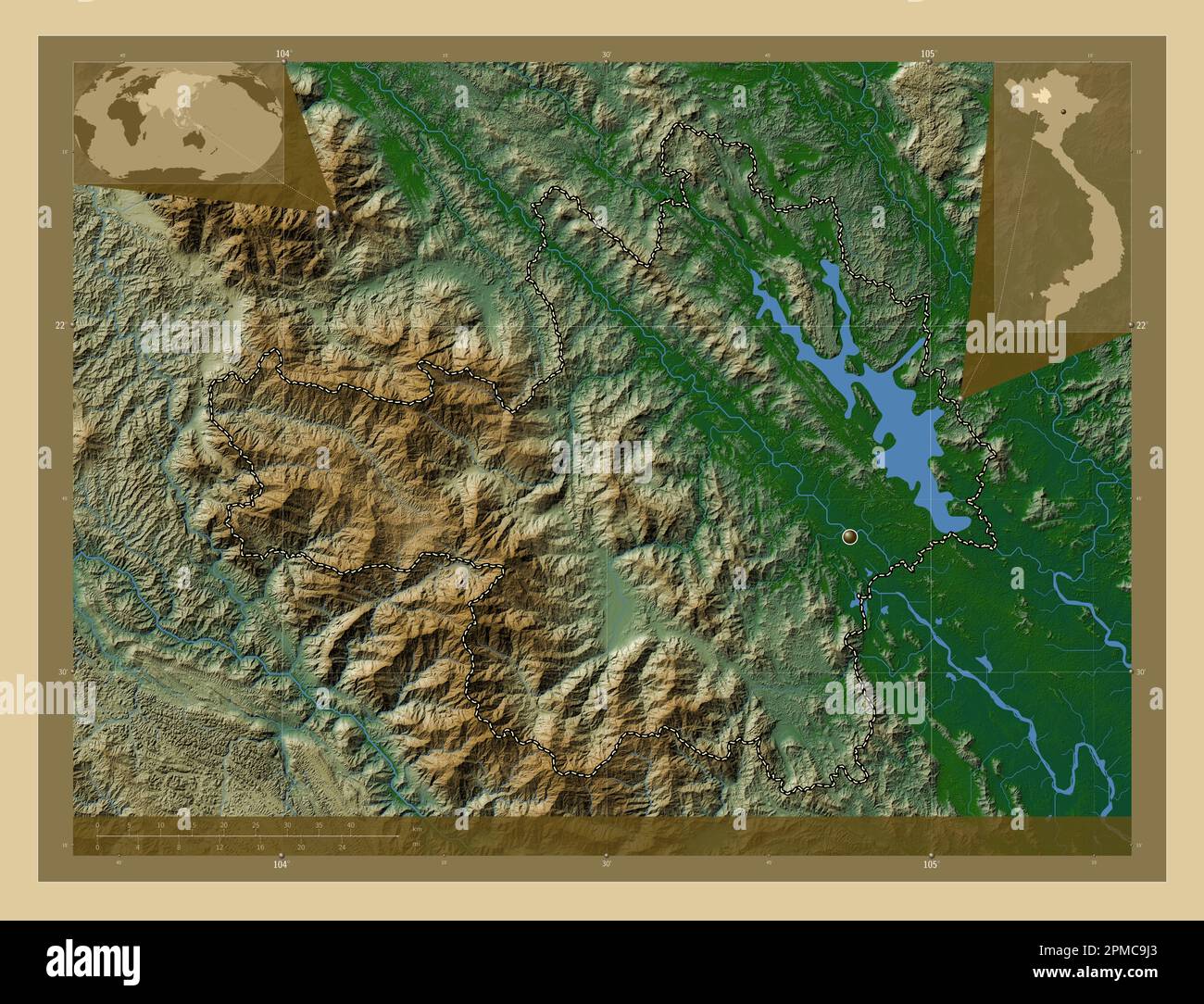 Yen Bai, province of Vietnam. Colored elevation map with lakes and ...