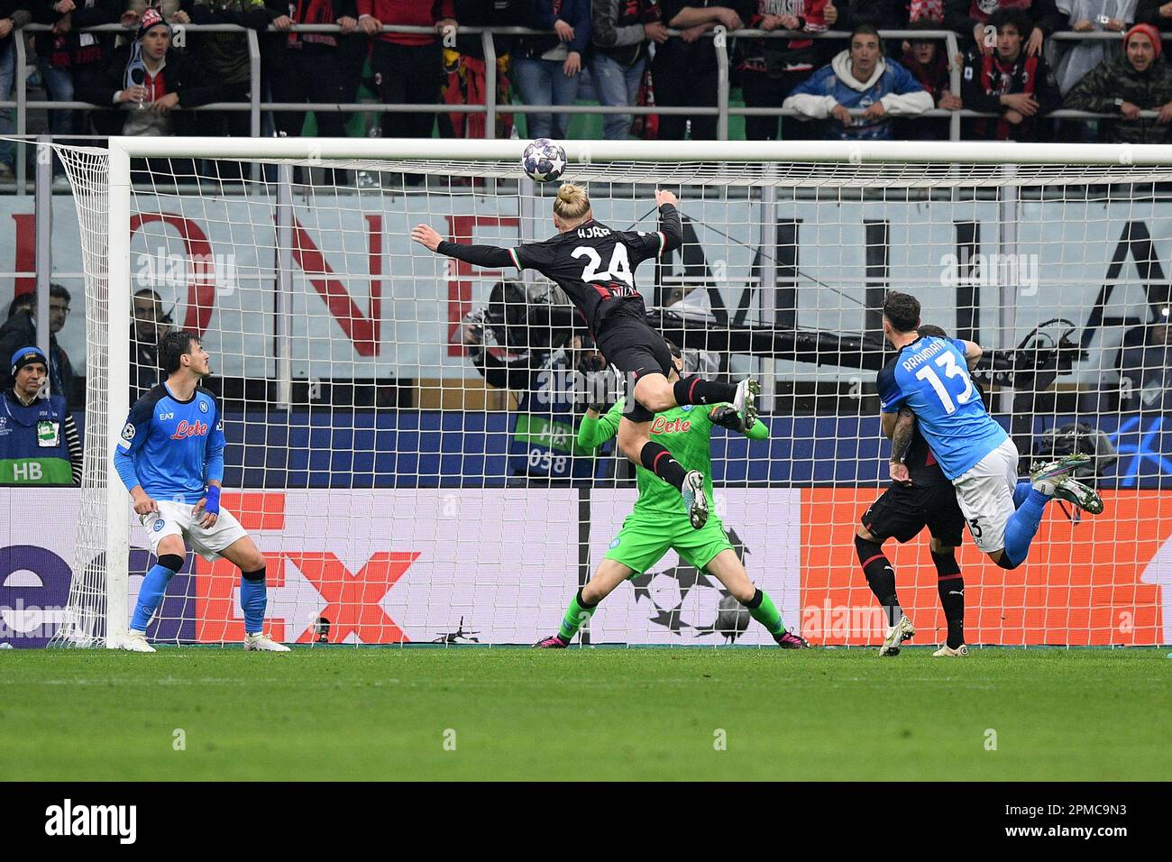 Milan, Italy. 12th Apr, 2023. Simon Kjaer of AC Milan hitting the ...