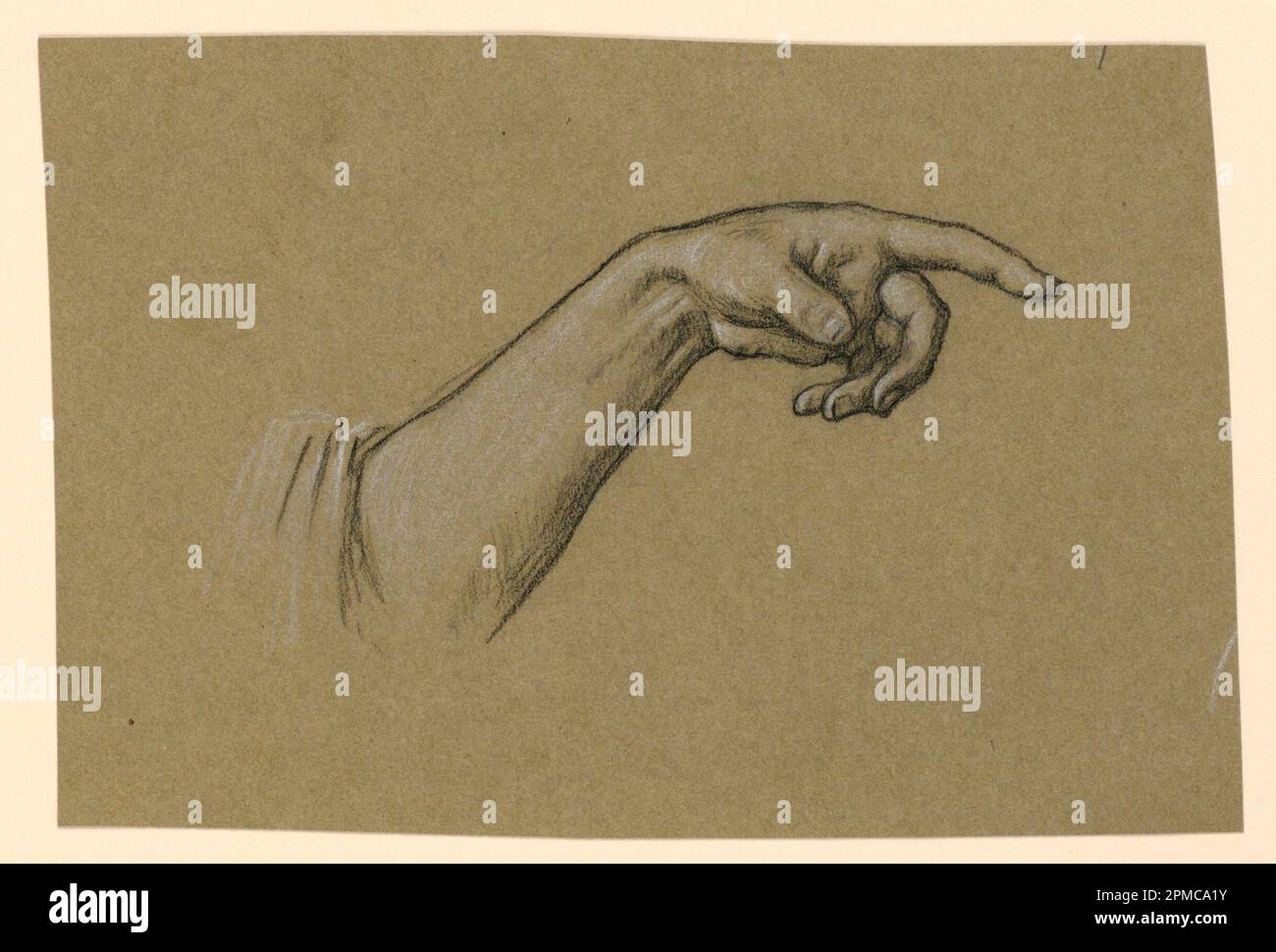 Drawing, pointing left hand, wrist, forearm to beginning of sleeve ...