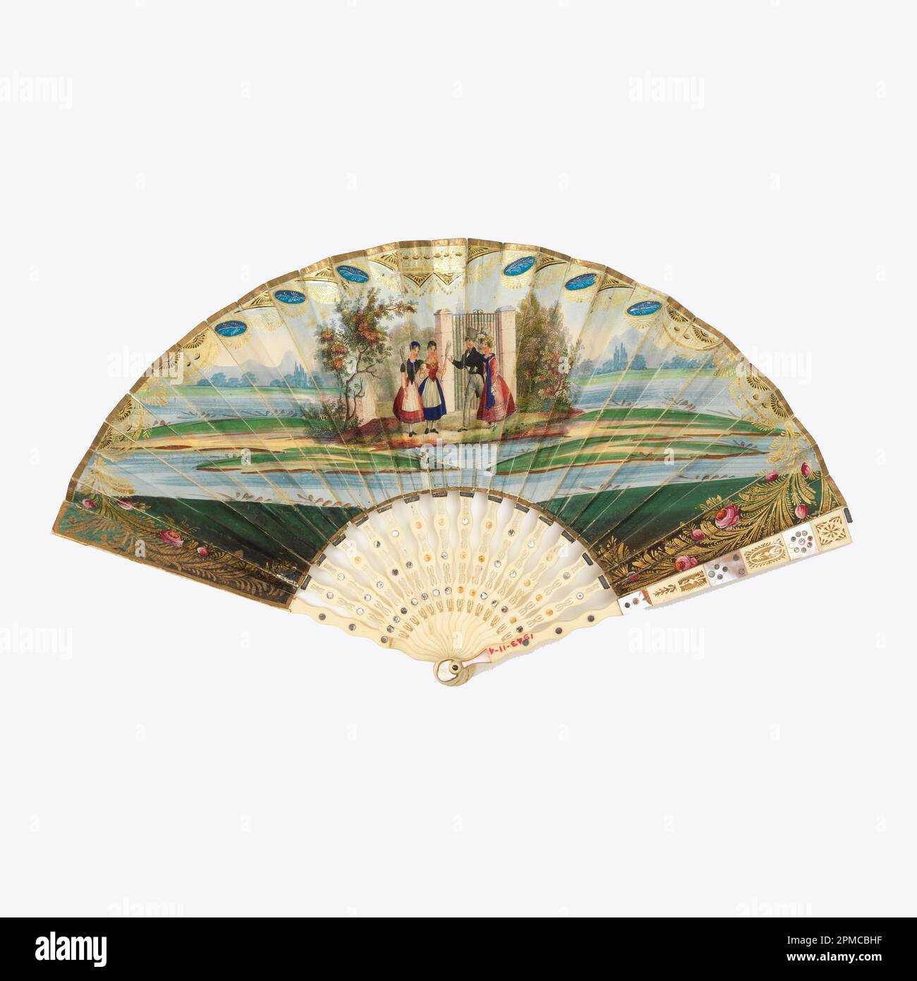 Pleated Fan; gilded paper leaf with hand-colored lithograph, pierced ...