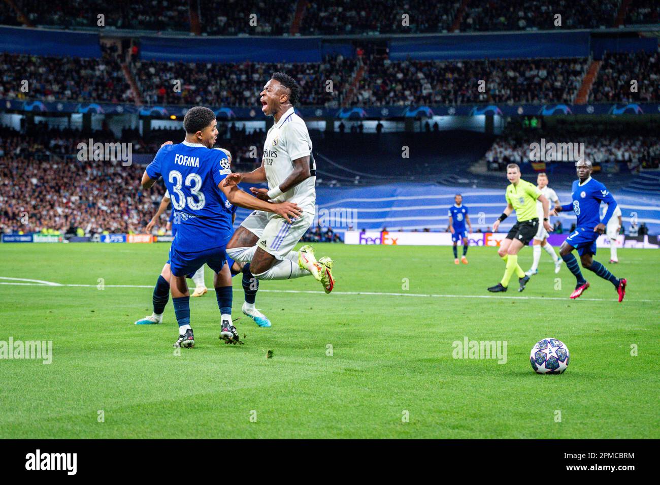 Madrid, Madrid, Spain. 12th Apr, 2023. Vin'cius JÅ“nior (Real Madrid) and Wesley Fofana (Chelsea ...