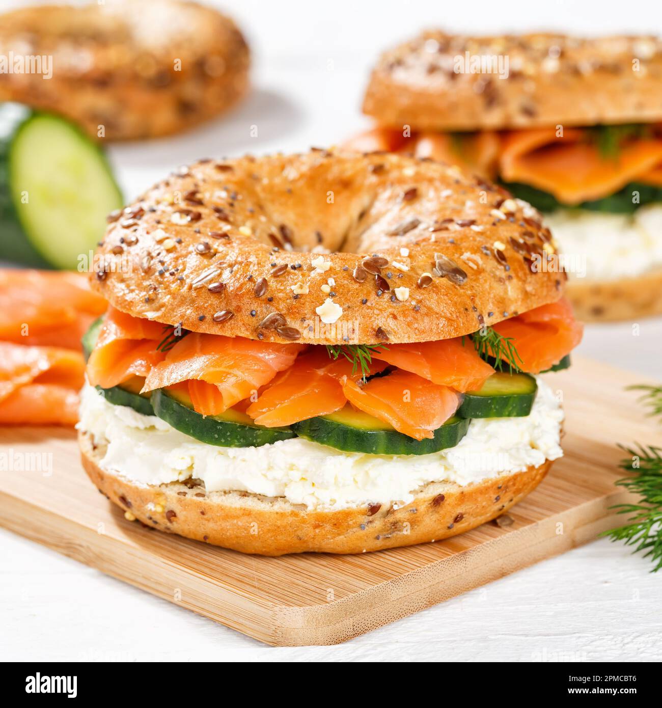 Bagel sandwich with salmon fish and cream cheese for breakfast square ...