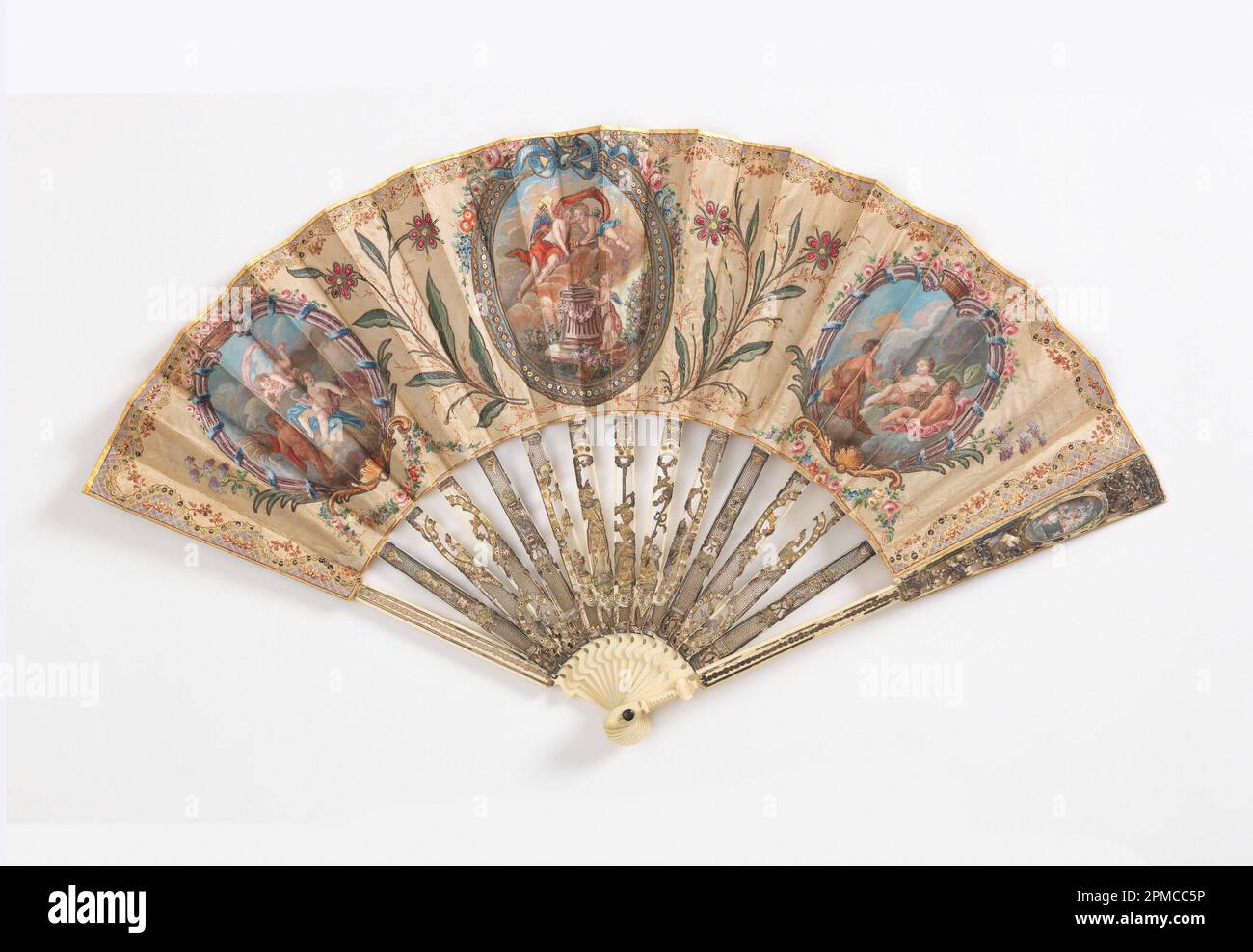 Pleated Fan (France); silk leaf painted with gouache and embroidered ...