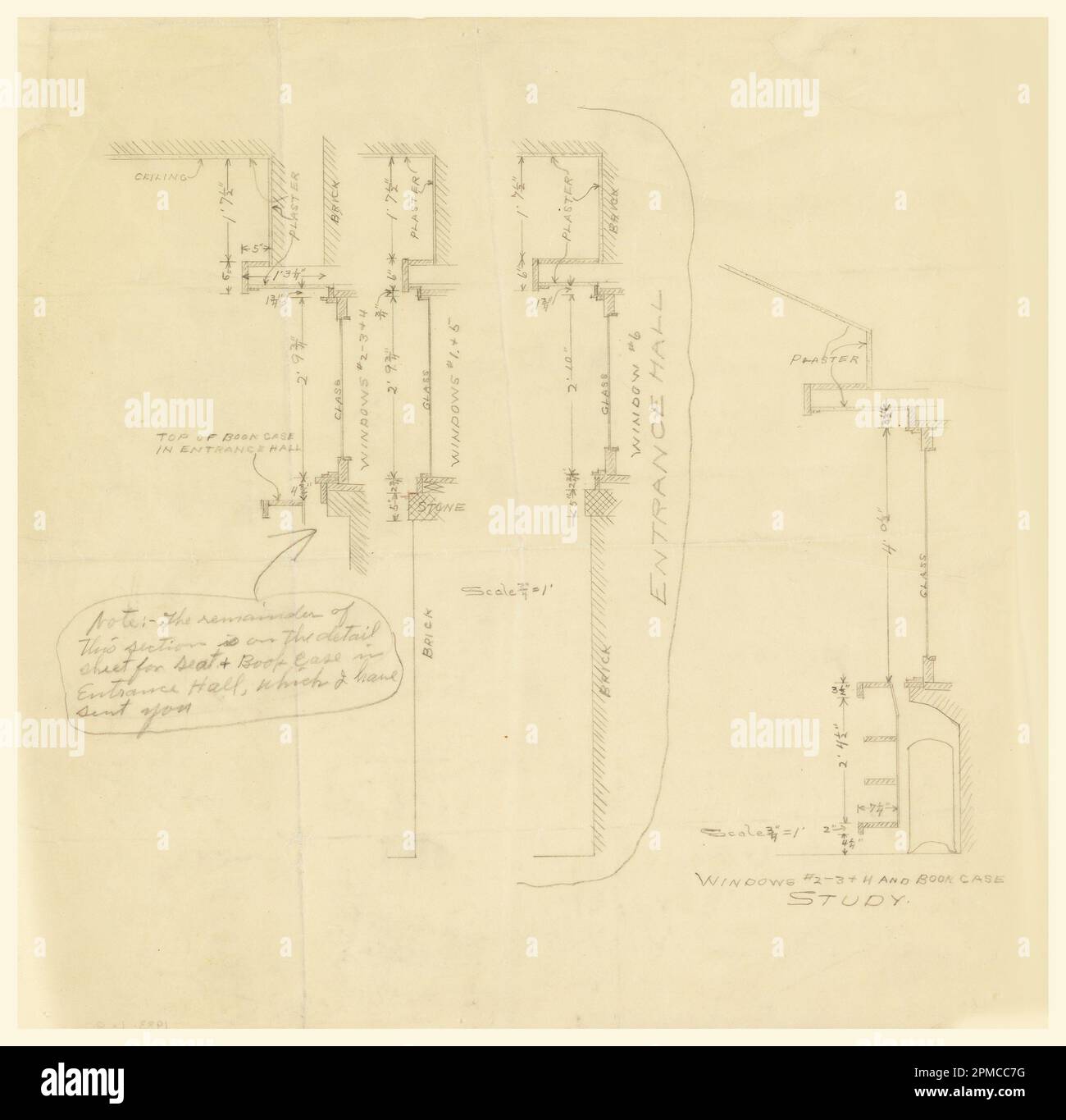 Drawing, Windows and Bookcase, Entrance Hall and Study, Henry J. Allen ...