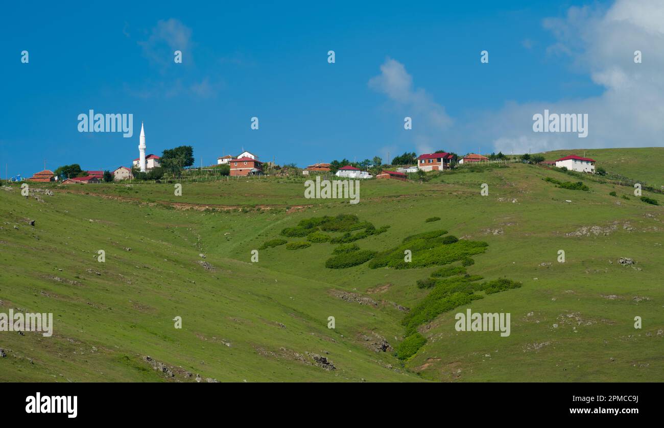 Persembe Plateau houses. Small highland village. Village mosque and ...