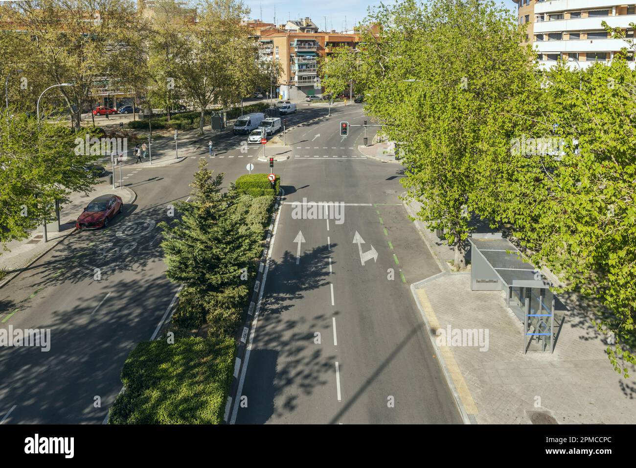 A city street with a median lined with trees, hedges and plants and ...
