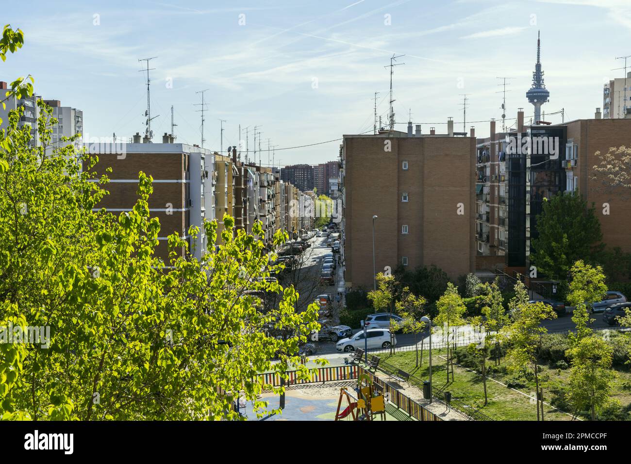 Facades of buildings in a neighborhood of the city of Madrid near the ...