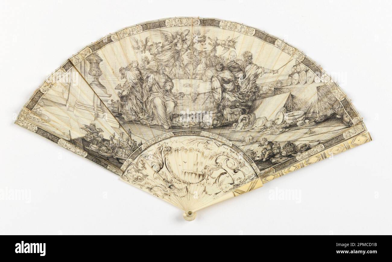 Pleated Fan And Case (Italy); parchment leaf drawn with pen and black ...