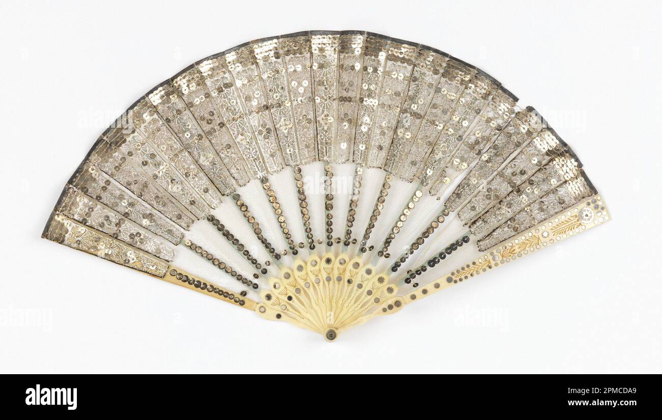 Pleated Fan (France); cut paper leaf backed with silk gauze and tulle ...