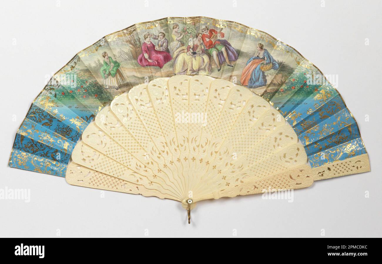 Pleated Fan (France); gilded paper leaf with hand-colored print, carved ...