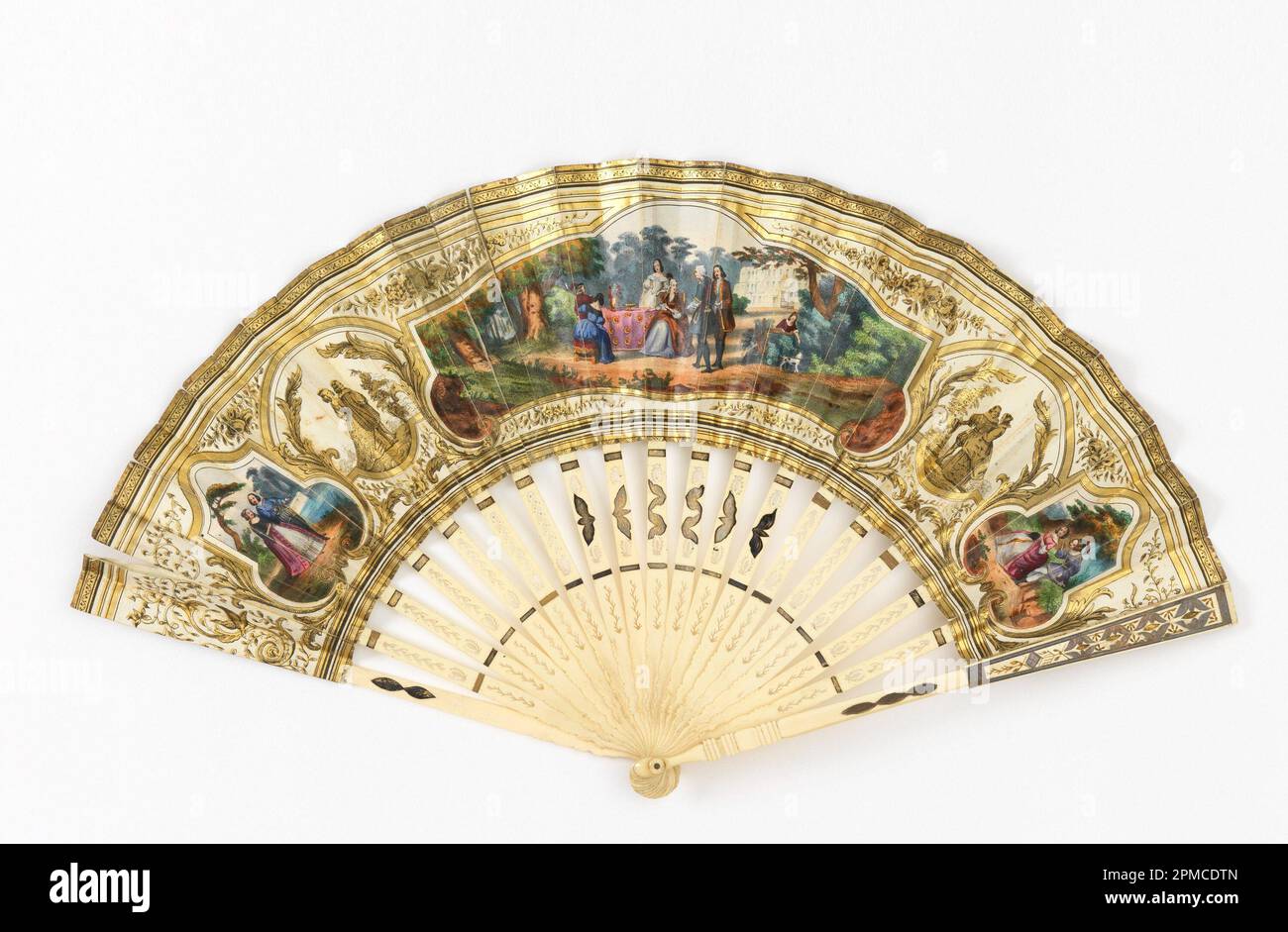Pleated Fan; gilded paper leaf with chromolithograph, pierced and ...