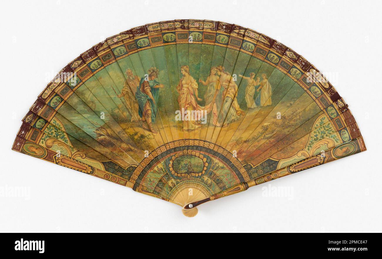 Brisé Fan (France); painted ivory sticks, silk ribbon, tortoise shell ...