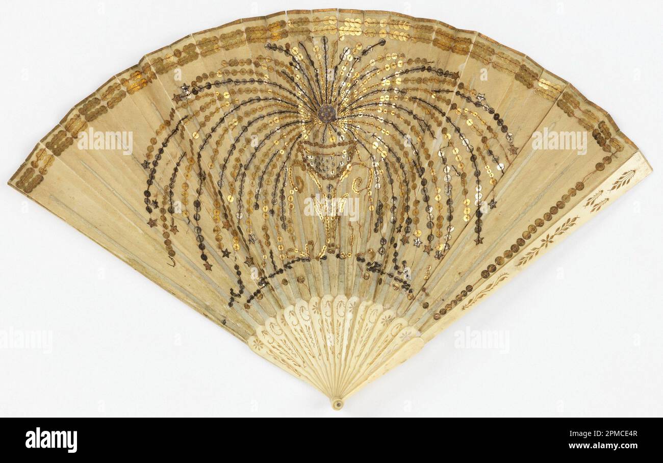 Pleated Fan (France); silk leaf embroidered with gold and silver ...