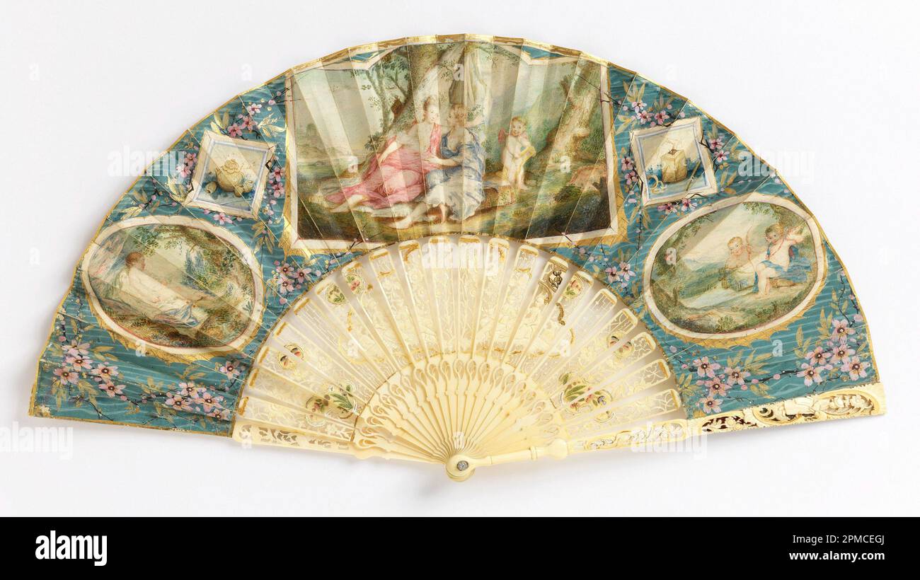 Pleated Fan; painted parchment leaf; carved, pierced, painted, and ...