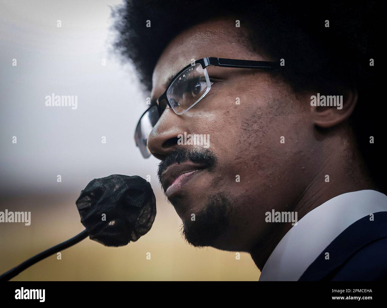 Tennessee State Rep. Justin Pearson delivers his remarks after being ...