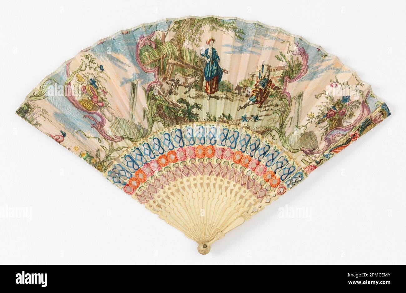 Pleated Fan; paper leaf with hand-colored etching, painted ivory or ...