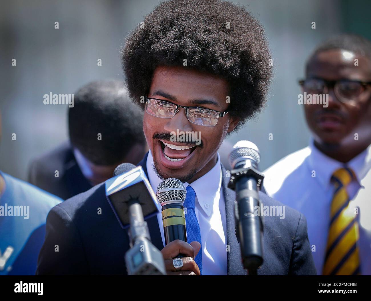 Tennessee State Rep. Justin Pearson speaks to a crowd of supporters ...