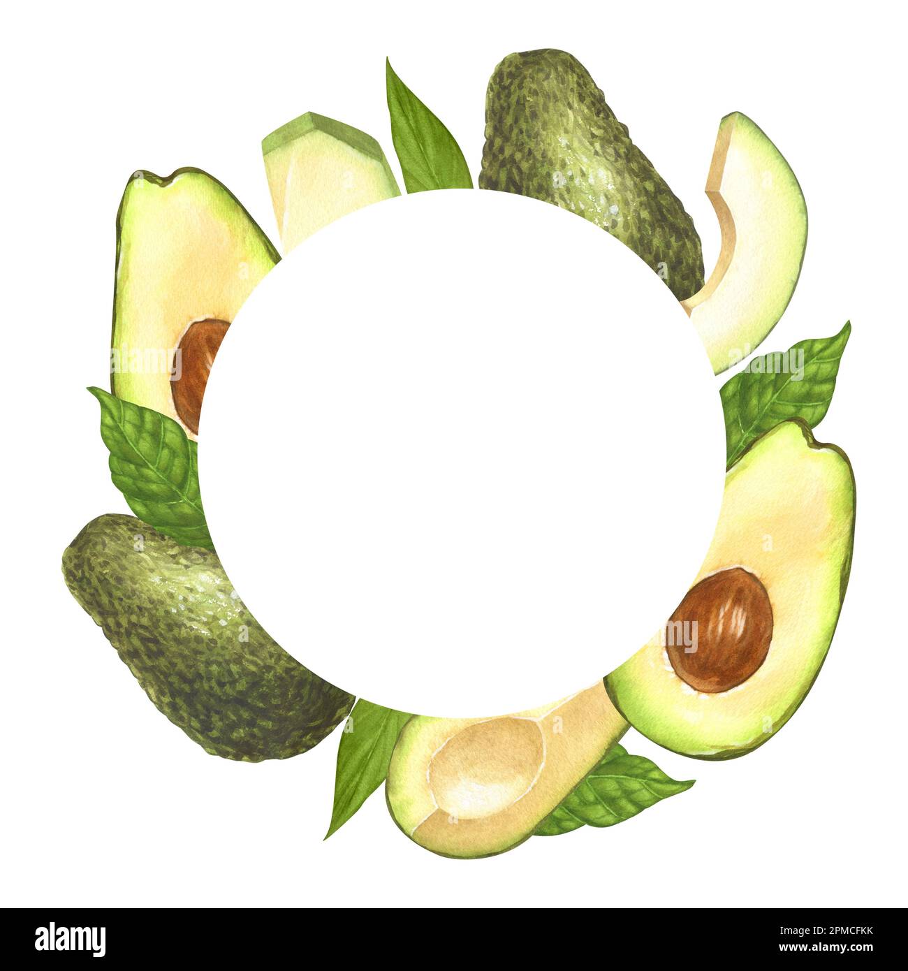Watercolor round frame, ripe avocado and halves avocado. Hand-drawn ...