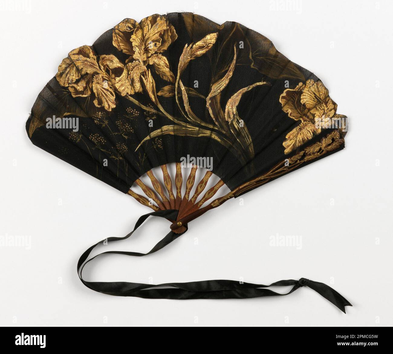 Pleated Fan (USA); gessoed and painted silk gauze leaf; carved and ...
