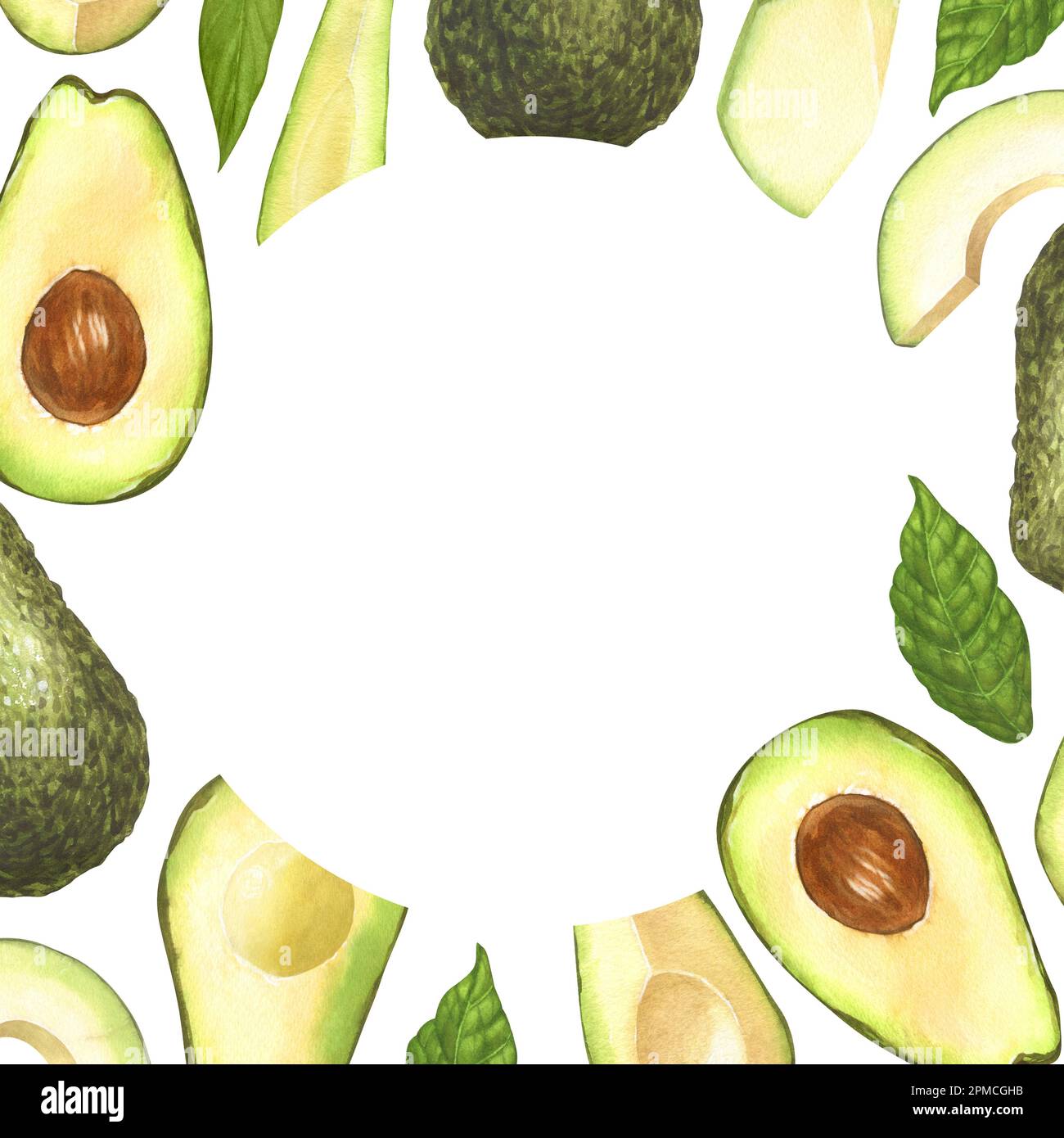 Watercolor frame, ripe avocado and halves avocado. Hand-drawn ...