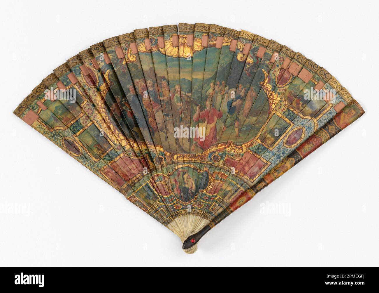 Brisé Fan And Case; ivory sticks painted in oil and finished with ...