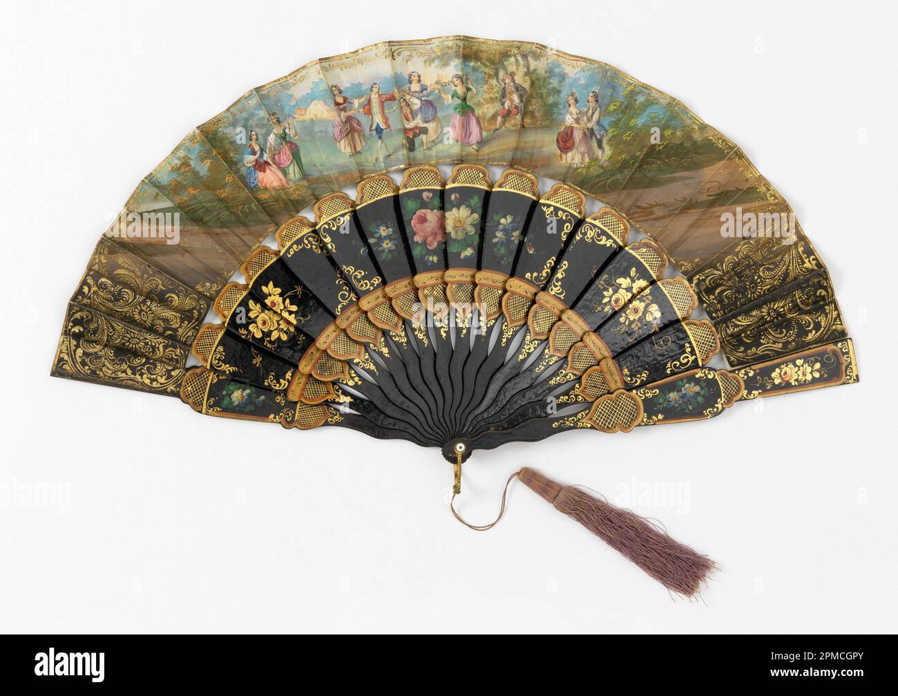 Pleated Fan; paper leaf with gilded and hand-colored lithograph ...