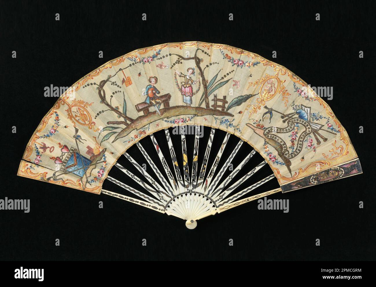 Pleated Fan (France); linen leaf painted with gouache and embroidered ...