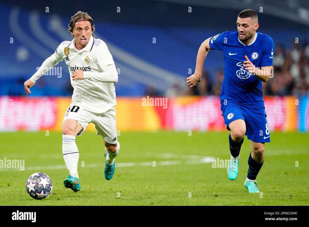 Madrid, Spain. 12/04/2023, Luka Modric of Real Madrid and Mateo Kovacic ...