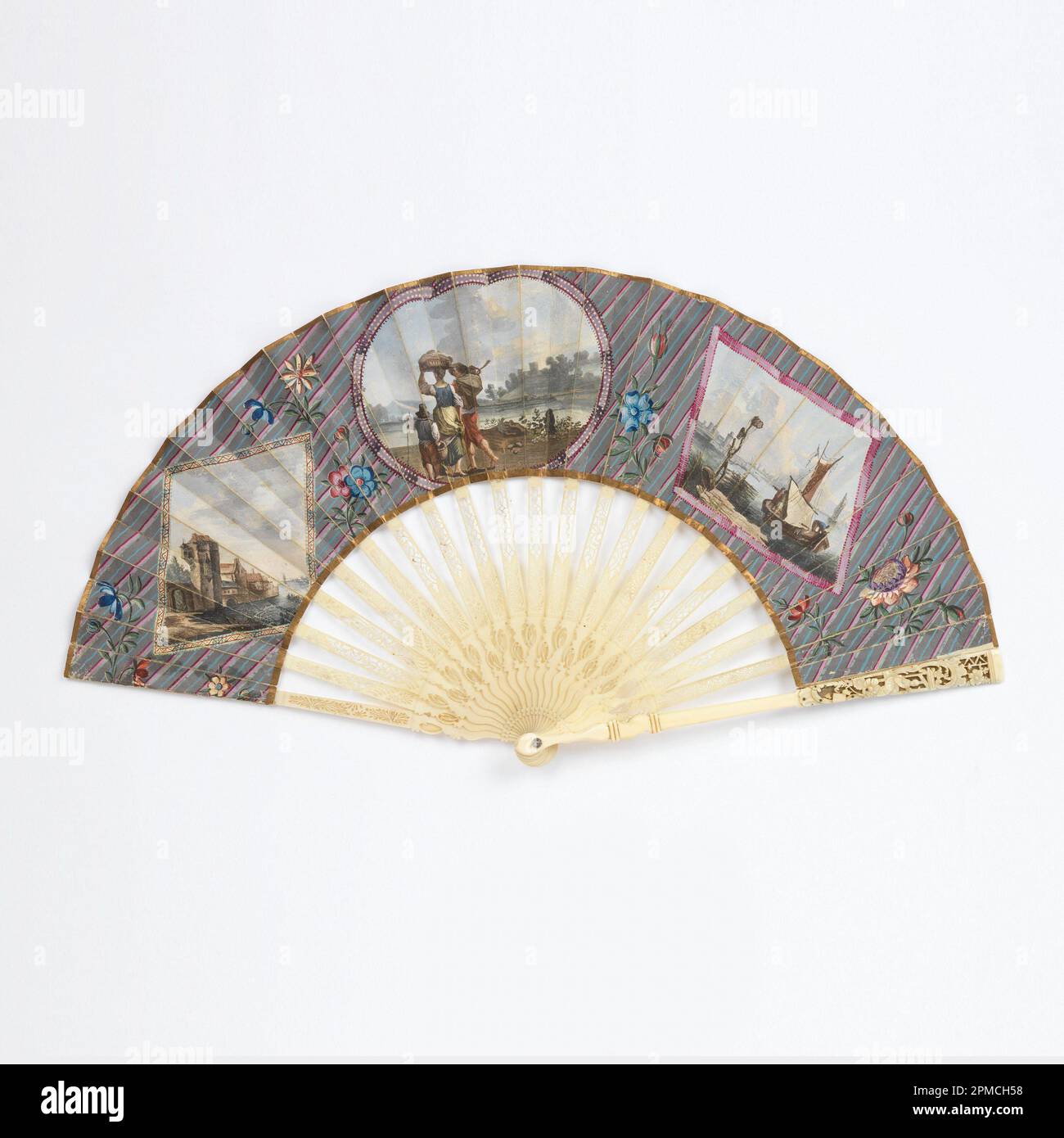 Pleated Fan; painted vellum leaf, carved and pierced ivory sticks Stock ...