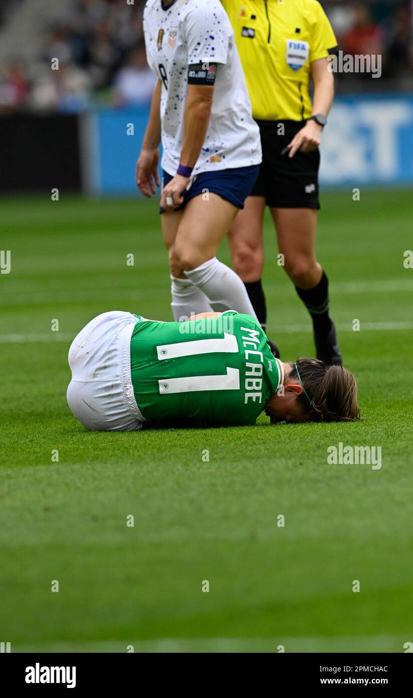Ireland's KATIE MCCABE (11) lies on the ground during the second half ...