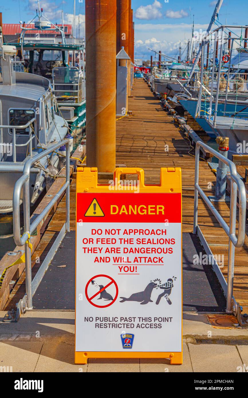 Warning sign to stay clear of Sea Lions in Steveston Harbour British ...