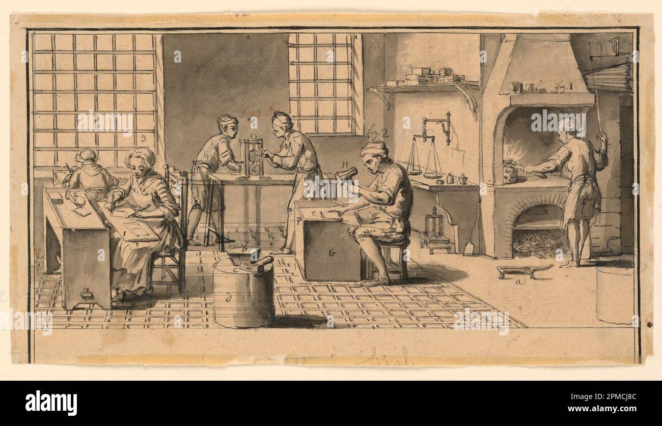 Drawing, A gold beater's workshop for Diderot's Encyclopedie; Designed ...
