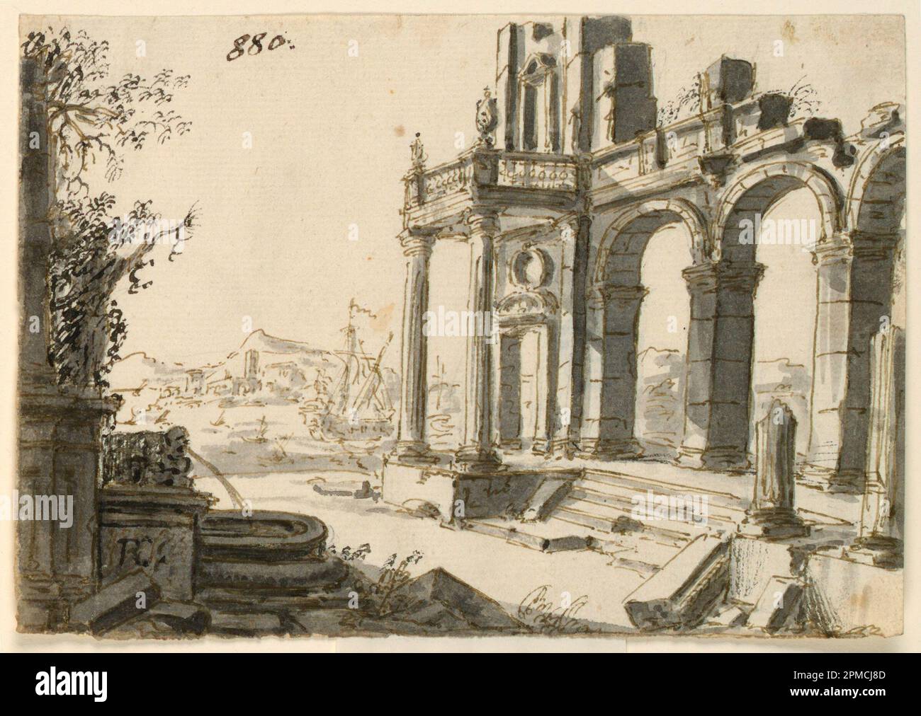 Drawing, Stage Design, Ruins and Seaport; Italy; pen and brown ink ...
