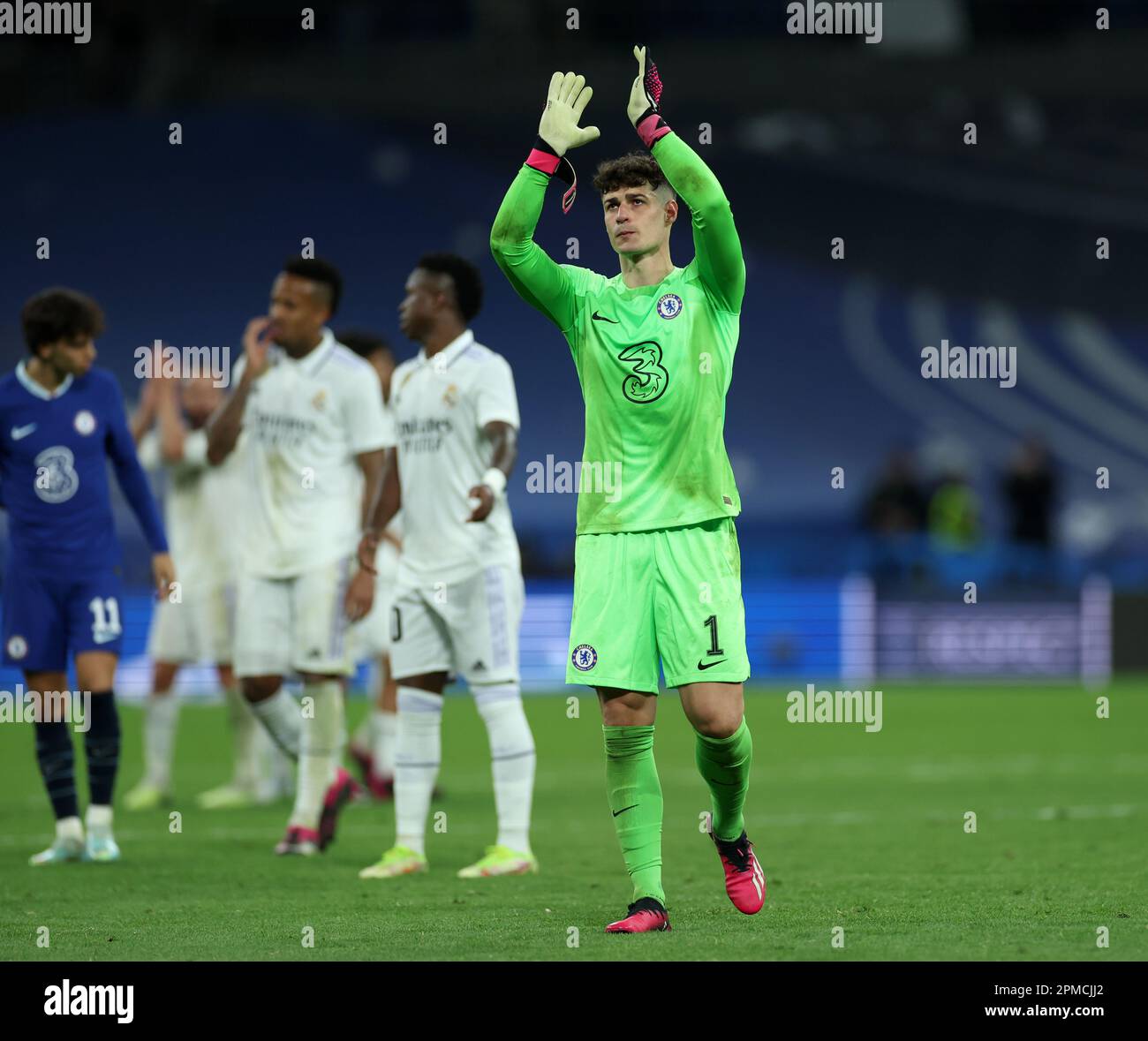 Chelsea goalkeeper Kepa Arrizabalaga applauds the fans after the UEFA ...