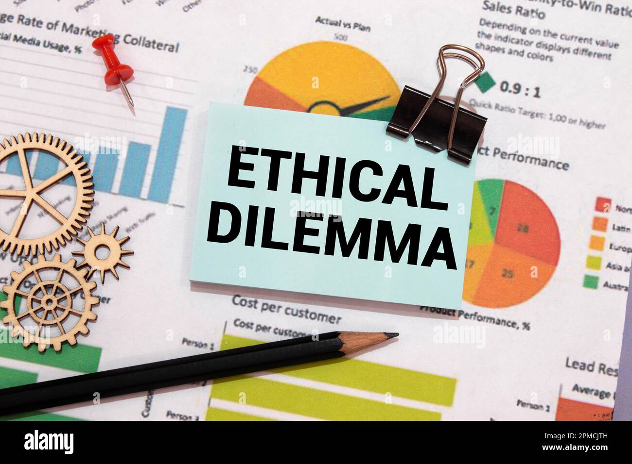 clipboard with white blank paper text ethical dilemma , calculator and ...