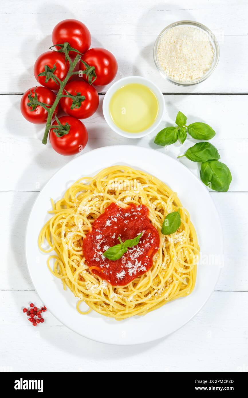 Spaghetti meal from Italy pasta lunch eat with tomato sauce from above ...
