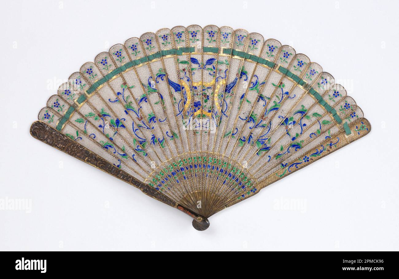 Brisé Fan (China); metal filigree sticks with polychrome enamel, molded ...