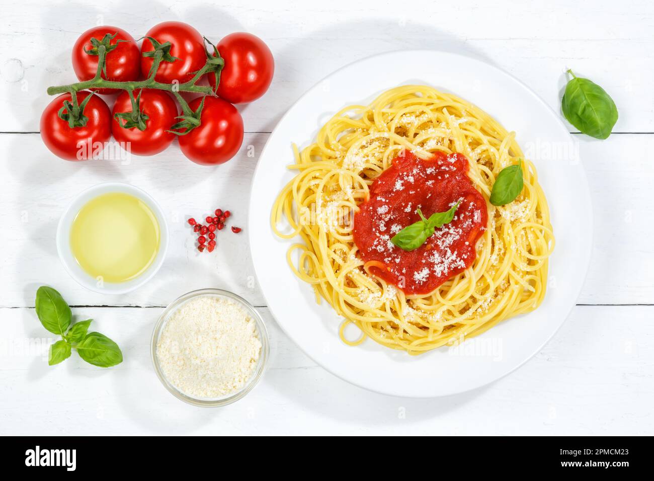 Spaghetti meal from Italy eat pasta lunch with tomato sauce from above ...