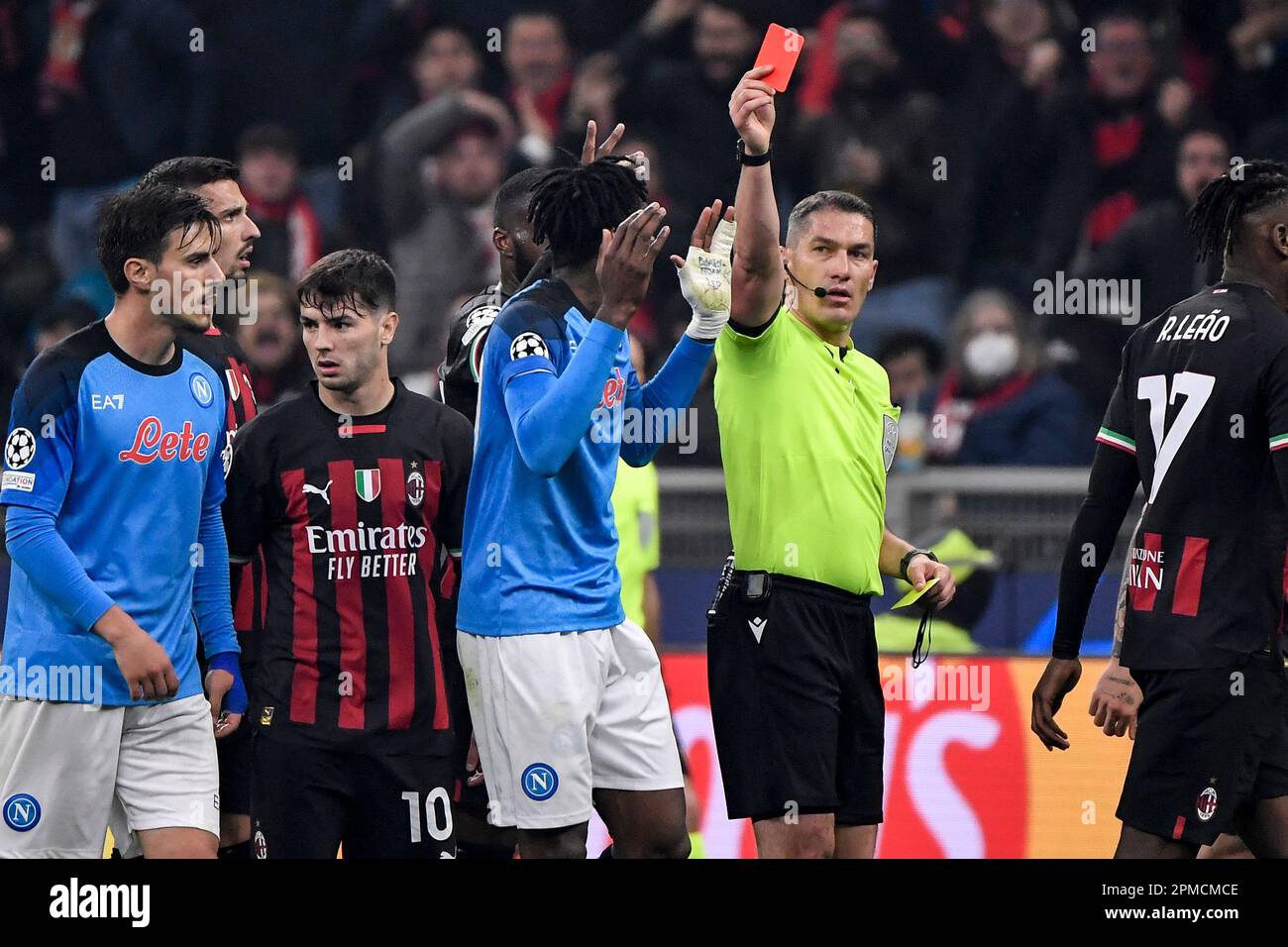 Milan, Italy. 12th Apr, 2023. Referee Istvan Kovacs shows a red card to ...