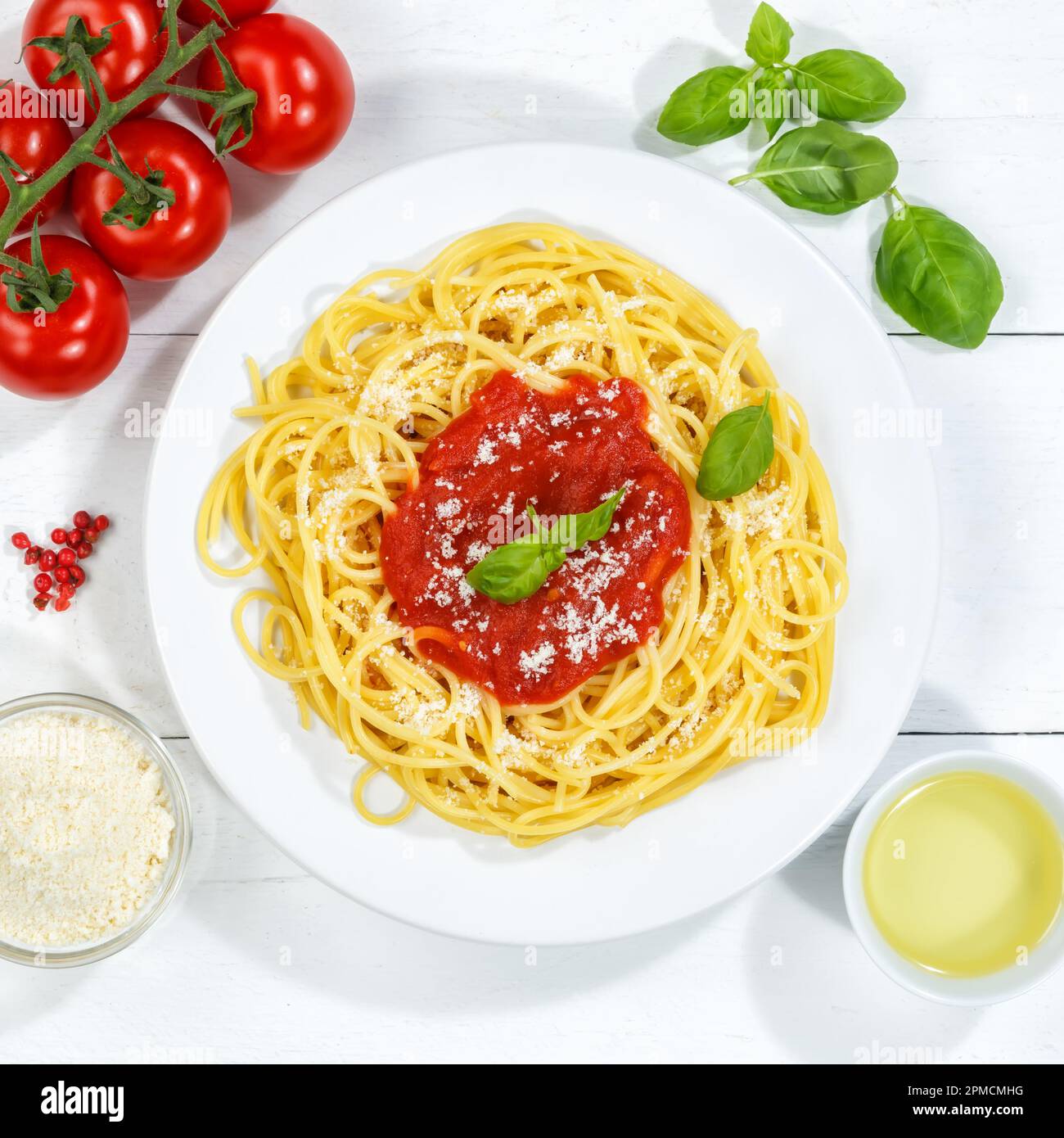 Spaghetti meal from Italy eat pasta lunch with tomato sauce from above ...