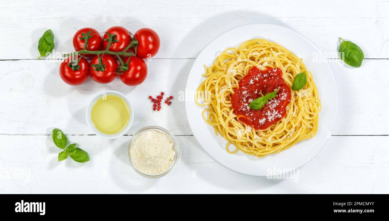 Spaghetti meal from Italy eat pasta lunch with tomato sauce from above ...
