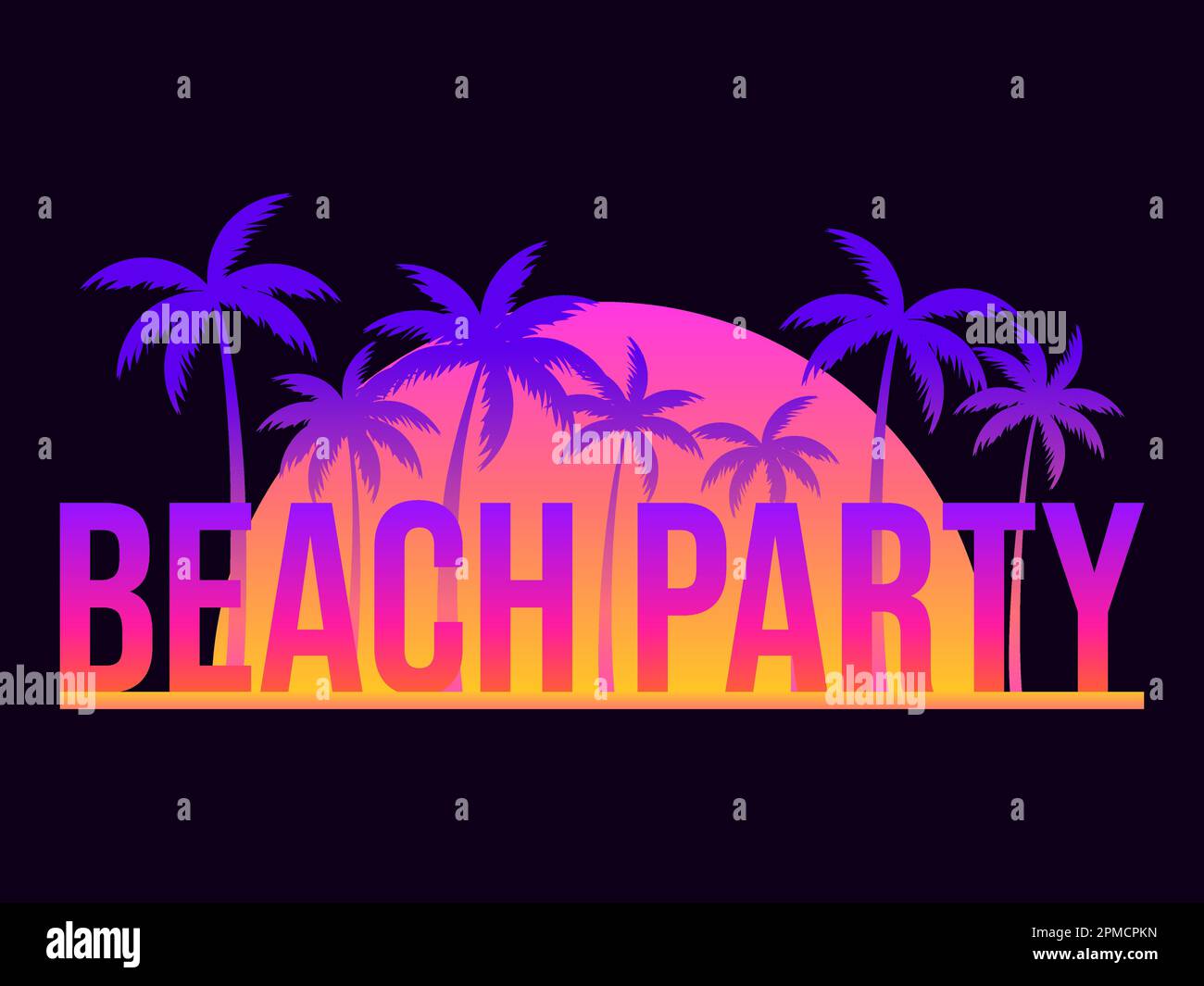 Beach party poster with palm trees and sunset on black background ...