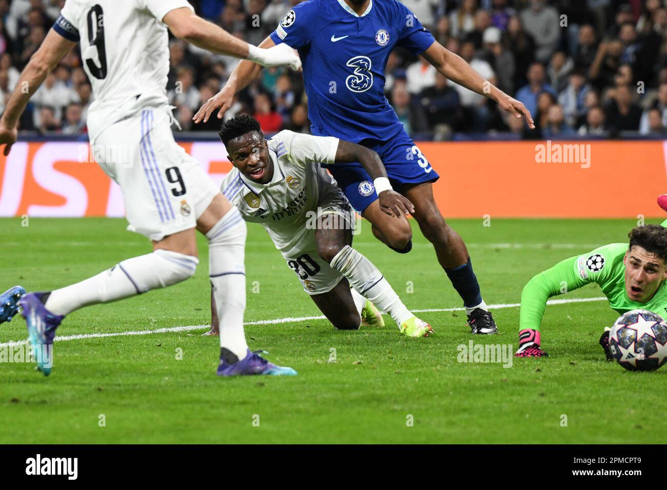 MADRID, SPAIN - APRIL 12: Vinicius Jr of Real Madrid passes the ball ...